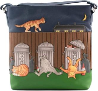 Mala Leather Alley Cats Sac à bandoulière en cuir véritable - Motif chat roux Tom et gris avec scène de clair de lune - Sangle réglable - 23 × 25 × 6 cm