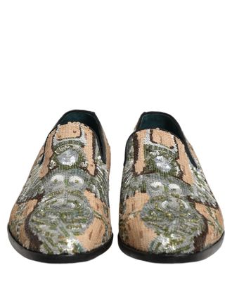 Dolce & Gabbana Mens Beige Sequin Embroidery Dress Loafers Shoes Leather