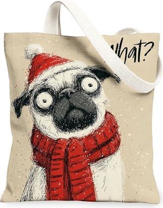 Generic Sacs fourre-tout en toile de No&euml;l avec motif de chien mignon, sacs d&eacute;picerie r&eacute;utilisables, festifs, vintage, l&eacute;gers et lavables &agrave; l&eacute;paule pour T, bei