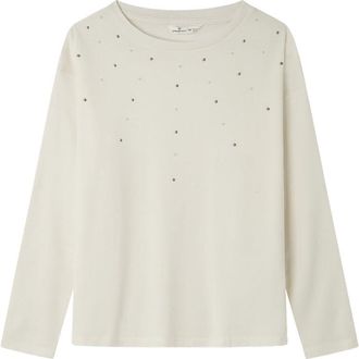 Springfield Damen Long Sleeve Round Neck T-Shirt with Frontal Pearls Langarmshirt, wei&szlig;, X-Small