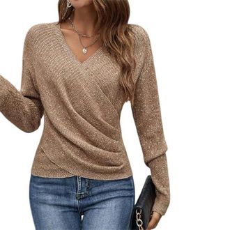 Generic &Eacute;l&eacute;gant pull d&eacute;contract&eacute; en tricot &agrave; col en V pour femme, pull crois&eacute; &agrave; manches longues, haut dautomne d&eacute;contract&eacute;, fronc&eacute;, kaki fonc&eacute;, XXL