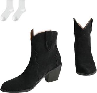 Generic Bottes Courtes Western Pour Femmes, Bottines Tendance Style Cowboy Imitation Daim, Bottes &Agrave; Enfiler Avec Tige Large Et Talon Carr&eacute;, Bottes Confortable