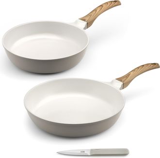 Cuisinox Mythic - Back- und Besteck-Set - Bratpfanne 24/28 cm, Gem&uuml;semesser - wei&szlig;e Keramikbeschichtung - fester Soft-Touch-Griff in Holzoptik - ohne PFOA und 