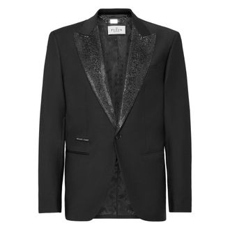 Philipp Plein Homme, Vestes, Noir, Taille: 5XL Wool Blazer LS Strass Rever