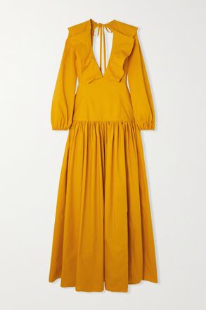 La DoubleJ Abito Della Vita R&uuml;ckenfreies Maxikleid Aus Baumwollpopeline Mit Raffungen Und Volant - Gelb
