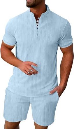 Generic Athleisure Ensemble de pyjama Henley pour homme avec chemise boutonnée et short - 2 pièces - Tenue dété confortable et texturée - Tenue de plage et de