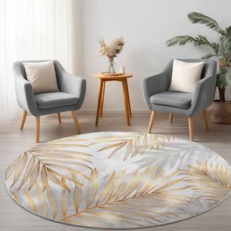Generic Or Tapis Rond Art D&eacute;co - 150 cm Lavable Doux et antid&eacute;rapant Tapis, Lignes Feuilles De Palmier Impression pour Chambre &agrave; Coucher Salon Vestibule entr&eacute;