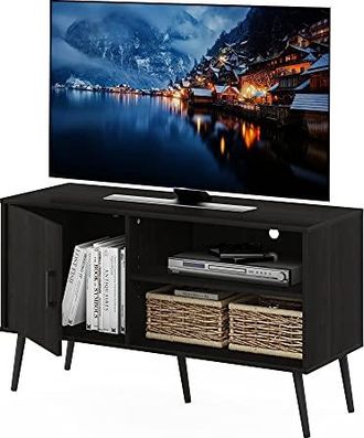 Furinno Claude TV-Ständer im Mid-Century-Stil mit Holzbeinen, einem Schrank und Zwei Regalen, Espresso