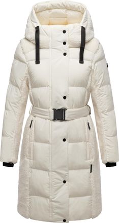 Navahoo Damen Winter Steppmantel warmer Plüschmantel mit Taillengürtel in Material-Mix mit Teddyfell Funkelteddy 14 Offwhite Gr. L