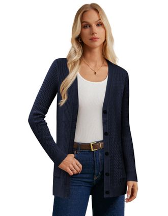 Grace Karin Damen Cardigan Zopfmuster Strickjacke Button Down Zopfmuster Freizeit Strickjacke Schwarz XL