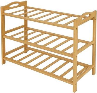 Relaxdays Schuhregal, HxBxT: 48 x 70 x 25 cm, Bambus, 3 Ebenen, f&uuml;r 9 Paar Schuhe, Schuhst&auml;nder mit Gitterablagen, Natur