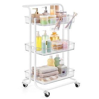 Songmics Chariot de Rangement, 3 Niveaux, Desserte sur roulettes, &Eacute;tag&egrave;re, Poign&eacute;e, 2 Pots, 2 Freins, Paniers en Plastique, Montage Facile, Chambre, Cuisine, B