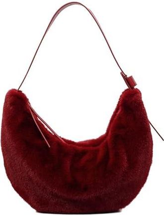 Generic Sac &agrave; main en forme de croissant en peluche pour femme - Automne et hiver - Grande capacit&eacute; - Pour voyage, shopping, usage quotidien, rouge vin, 13*7.