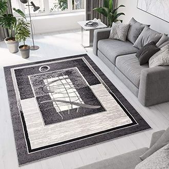 Tapiso Dream Tapis de Salon Chambre Salle &agrave; Manger Adulte Bureau Design Moderne Gris Cr&egrave;me Abstrait Motif Vitre Bordure Poil Court Fin Doux L&eacute;ger R&eacute;sistant 1