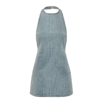 Self Portrait Rhinestone Croc Effect Denim Mini Kleid - - Dresses - Damen - Blau - M