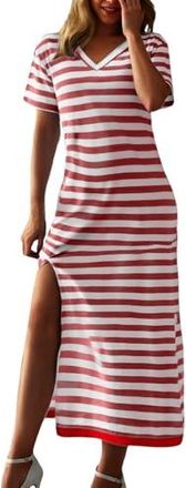 Generic Robe d&eacute;t&eacute; d&eacute;contract&eacute;e &agrave; manches courtes pour femme - Robe t-shirt &agrave; rayures - Longue robe maxi - Robe boh&egrave;me - Plage - Vacances - Essentiels pour les