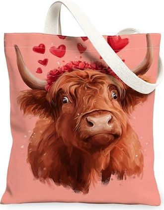 Generic Sacs fourre-tout en toile de vache pour la Saint-Valentin, sacs &agrave; provisions r&eacute;utilisables, l&eacute;gers et lavables avec bandouli&egrave;re, p&ecirc;che, 13x15 Inch