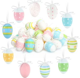 Com-Four 36x handbemalte Ostereier zum Aufhängen - pastellfarbene Osterdeko mit tollen Mustern - Deko Ostereier mit Schnur zum Aufhängen - Größe: 6 cm