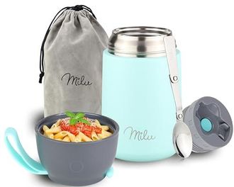 Milu Boîtes Alimentaires Isothermes 450ml I 650ml I 800ml, Boîte Isotherme Repas Chaud Porte-Aliments en Acier Inoxydable à Double Couche, Cuillère Pliante