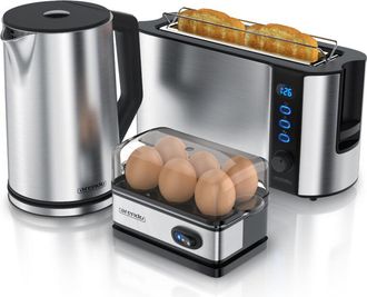 Arendo Fr&uuml;hst&uuml;cksset 3-teilig, 2-Scheiben Toaster, 6er Eierkocher, Wasserkocher 1,5L, Silber - Arendo