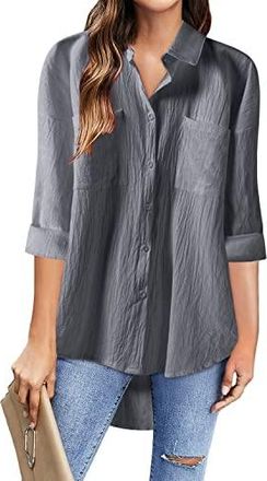 Onsoyours Femme Chemisier Lin Manches Longues Grande Taille Blouses Asymétrique Tunique Tops Vintage Coton et Lin Baggy Tops Casual Oversize Chemisie A Gris XXL