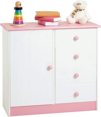 IDIMEX Kommode Rondo in weiß/rosa mit 4 Schubladen und 1 Tür, Schubladenschrank aus Kiefer im Landhausstil
