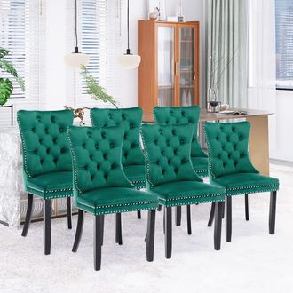 Generic Esszimmerstuhl-Set Aus Leder - Stühle Mit Hoher Rückenlehne, Knopfheftung Und Beinen Aus Massivholz(Wood-Green,6)
