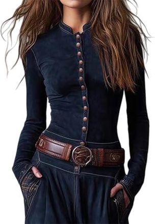 Generic Robe western vintage &agrave; manches longues avec poches, boutons et ceinture pour femme, bleu, L