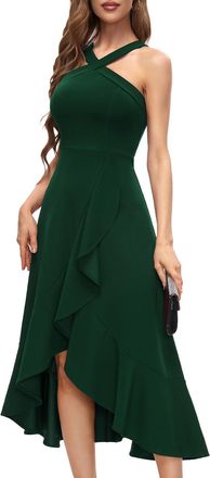 Bbonlinedress Abendkleider elegant f&uuml;r Hochzeit Herbstkleid Damen lang Strandkleid Neckholder festliches Kleid High Low Party Cocktailkleid Dark Green 2XL