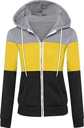 Generic Vestes de sport &agrave; manches longues pour femmes 2026 - Couleurs contrast&eacute;es - Patchwork - Fermeture &eacute;clair - Avec poche, jaune, 3XL