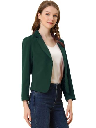 Allegra K Damen-Blazer mit offener Vorderseite, f&uuml;r B&uuml;ro, Arbeit, Gesch&auml;ft, Freizeit, Sommer, bauchfrei, leicht, gr&uuml;n-massiv, M