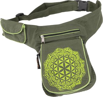 Guru Shop Stoff Sidebag & H&uuml;fttasche Flower of Life, Boho G&uuml;rteltasche, Bauchtasche aus Nepal - Olivgr&uuml;n, Unisex - Erwachsene, Baumwolle, 25x20x4 cm