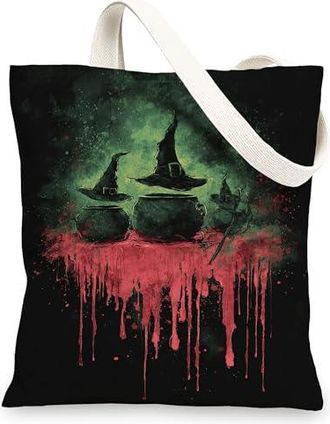 Generic Sacs fourre-tout en toile sorcière, motif chaudron effrayant, sacs de courses réutilisables, sacs artistiques dHalloween légers et lavables à lépaule 