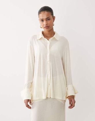 SNDYS Chemise densemble en maille douce et semi-transparente avec manchettes larges - Blanc cass&eacute;