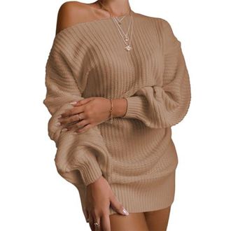 Generic Robe pull &agrave; manches longues et &eacute;paules d&eacute;nud&eacute;es pour femme, robe d&eacute;contract&eacute;e &agrave; manches longues en tricot &eacute;pais pour lautomne et lhiver, caf&eacute;, 3XL