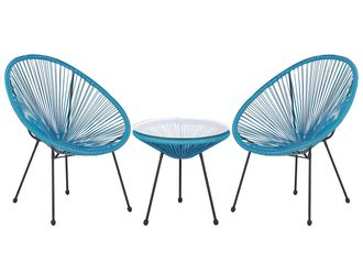 Beliani Lustiges Balkonset 2 St&uuml;hle mit 1 Tisch Spaghetti-Optik Rattan blau Acapulco II