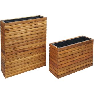 Hhg 2er-Set Pflanzkasten HHG 579, Pflanzk&uuml;bel Blumentopf Hochbeet, eckig Outdoor Akazie Holz MVG-zertifiziert, braun