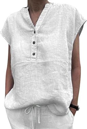 ORANDESIGNE Chemisier Femme Chic Et Élégant Été Chemise Lin Manche Courte Haut Col en V Tee Shirt Ample Blouse Fluide Mode Uni Décontracté Tunique avec Boutons Bl