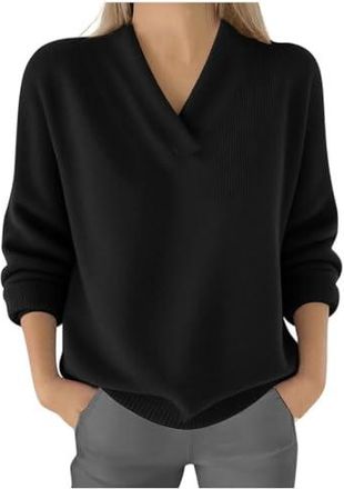 TOMWELL Pull Femme Col Profond en V L&acirc;che Couleur Unie Pulls en Tricot Manche Longue Chaud Haut Tricot&eacute; A Noir XL