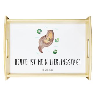 Mr. & Mrs. Panda Tablett Otter Seerose - Geschenk, aus Holz, Wasser, Seeotter, Fluss, Lieblingstag, für Bett, Holztablett, Servier