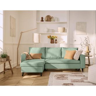 Best Mobilier Bestmobilier - Nordic - 4-sitzer ecksofa beidseitig montierbar - schlaffunktion und bettkasten - aus veganem leder - salbeigr&uuml;n