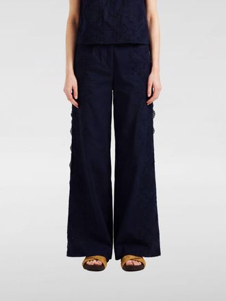 Momoni Pantalon palazzo taille haute en popeline avec empi&egrave;cements en macram&eacute;