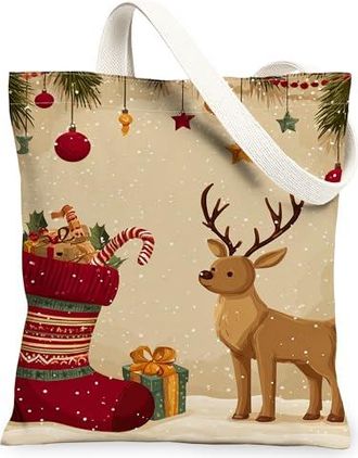 Generic Sac fourre-tout en toile avec motif cerf de No&euml;l, design rustique, r&eacute;utilisable, vintage, l&eacute;ger, lavable, taille S, beige, 13x15 Inch