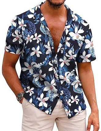 Coofandy Chemises &agrave; Manches Courtes Hommes Funky Hawa&iuml;enne Chemise &agrave; Fleurs d&Eacute;t&eacute; Imprim&eacute; Plage Casual Vacances Party Shirt avec Poche A-Noir 4XL