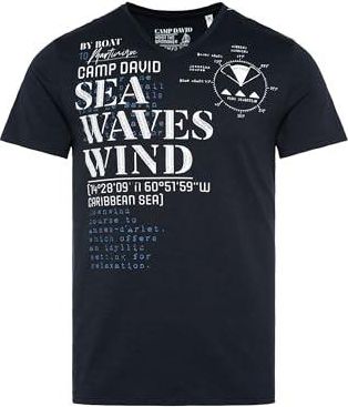 Camp David T-shirt pour homme avec col en V et imprim&eacute;s Wording, bleu marine, XL