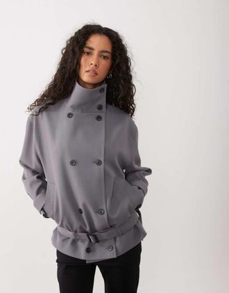 Mango Jacke mit G&uuml;rtel und Stehkragen in Grau