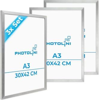 Photolini Cadre A3 30 x 42 bois MDF argent&eacute;, lot de 3 cadres photo pour posters et affiches, verre acrylique incassable, d&eacute;coration murale &agrave; suspendre, avec acc