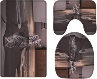 A.Monamour Badezimmer Badematte 3 Teilig Set Themenorientiertes Bild Der Niedlichen Katzentigerreflexionstiere Flanell Saugfähig Badteppiche Badvorleger Badgarni