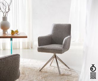 DELIFE Drehstuhl Heira-Flex mit Armlehnen Boucl&eacute; Silbergrau Kreuzgestell breit Edelstahl 360&deg; drehbar Taschenfederkern, Esszimmerst&uuml;hle