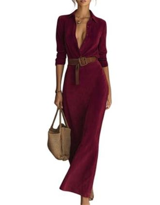 Generic Robe longue en daim synth&eacute;tique avec ceinture pour femme, manches longues, col en V, boutonn&eacute;e, &eacute;l&eacute;gante, fluide, Rouge, 3XL